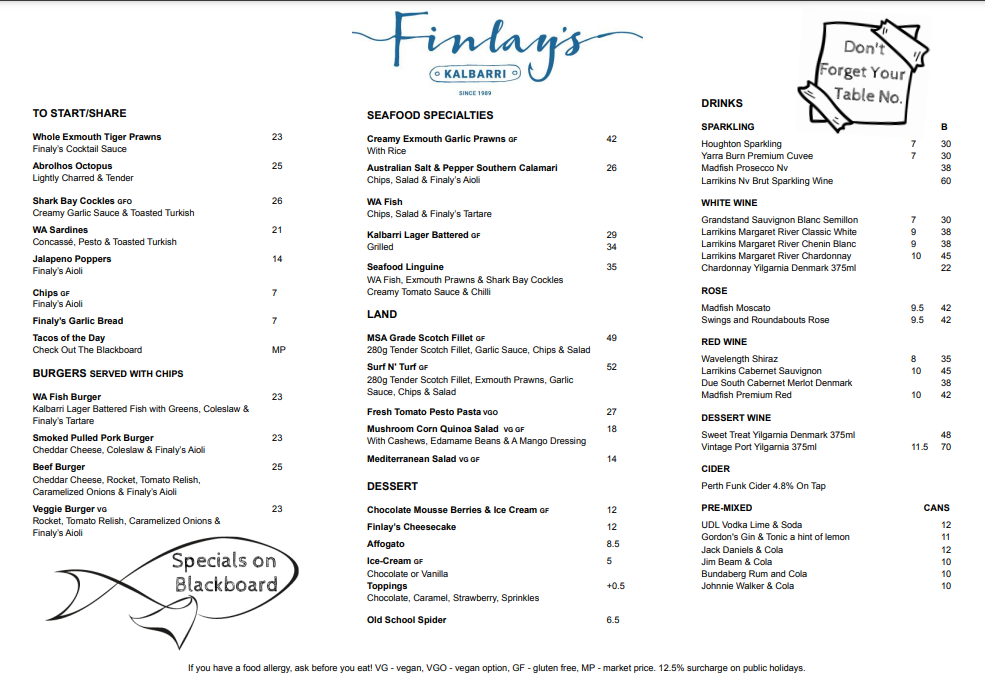 Finlay's Menu - Finlay's Kalbarri